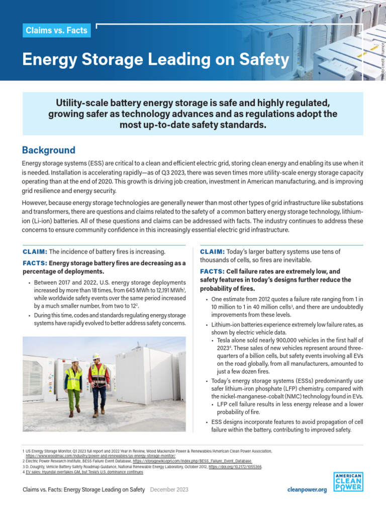 ACP Energy Storage Leading On Safety FactSheet | PDF | Electric Vehicle ...