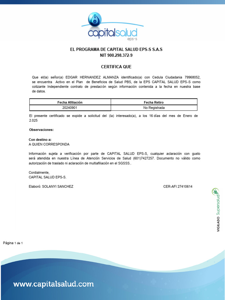El Programa de Capital Salud Eps-S S.A.S NIT 900.298.372-9 Certifica ...
