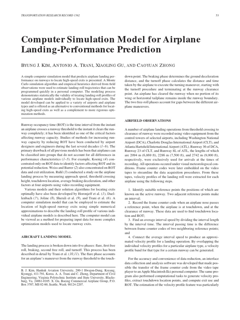 1996 Computer Simulation Model For Airplane Landing-Performance ...