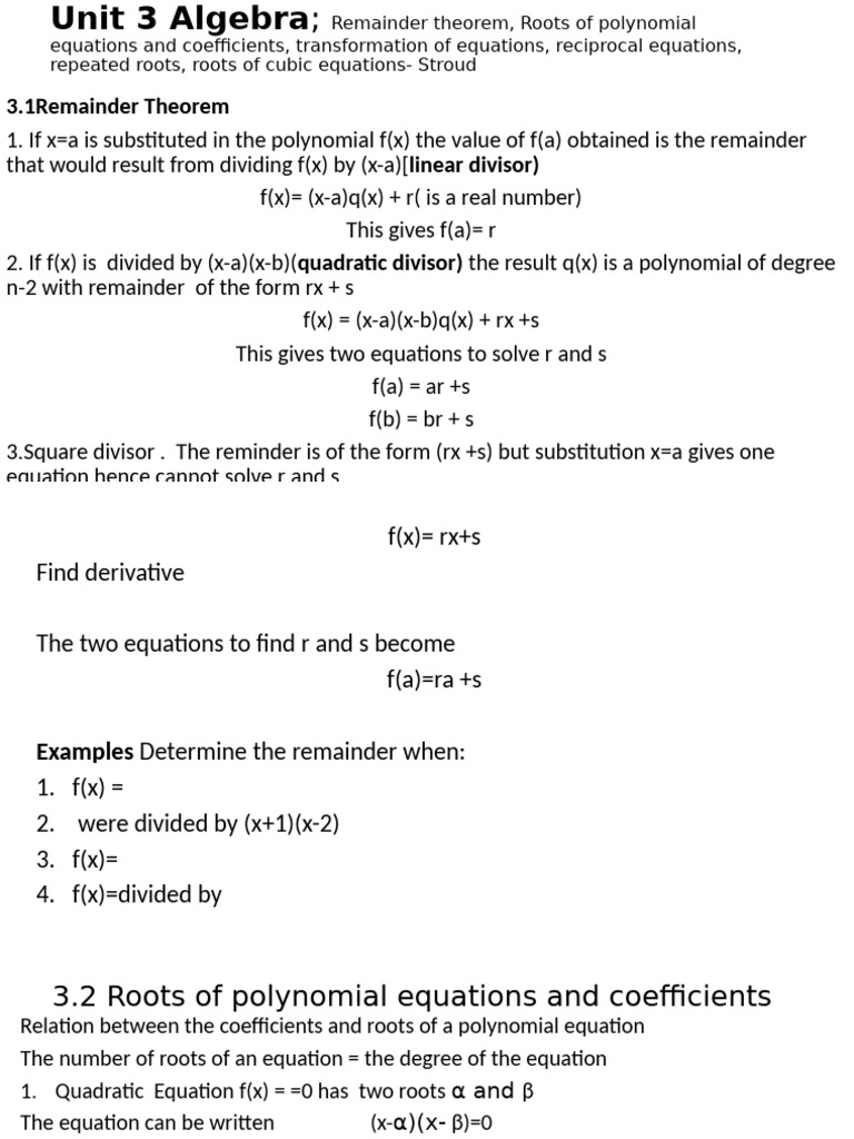 Unit 3 Algebra | PDF | Equations | Polynomial