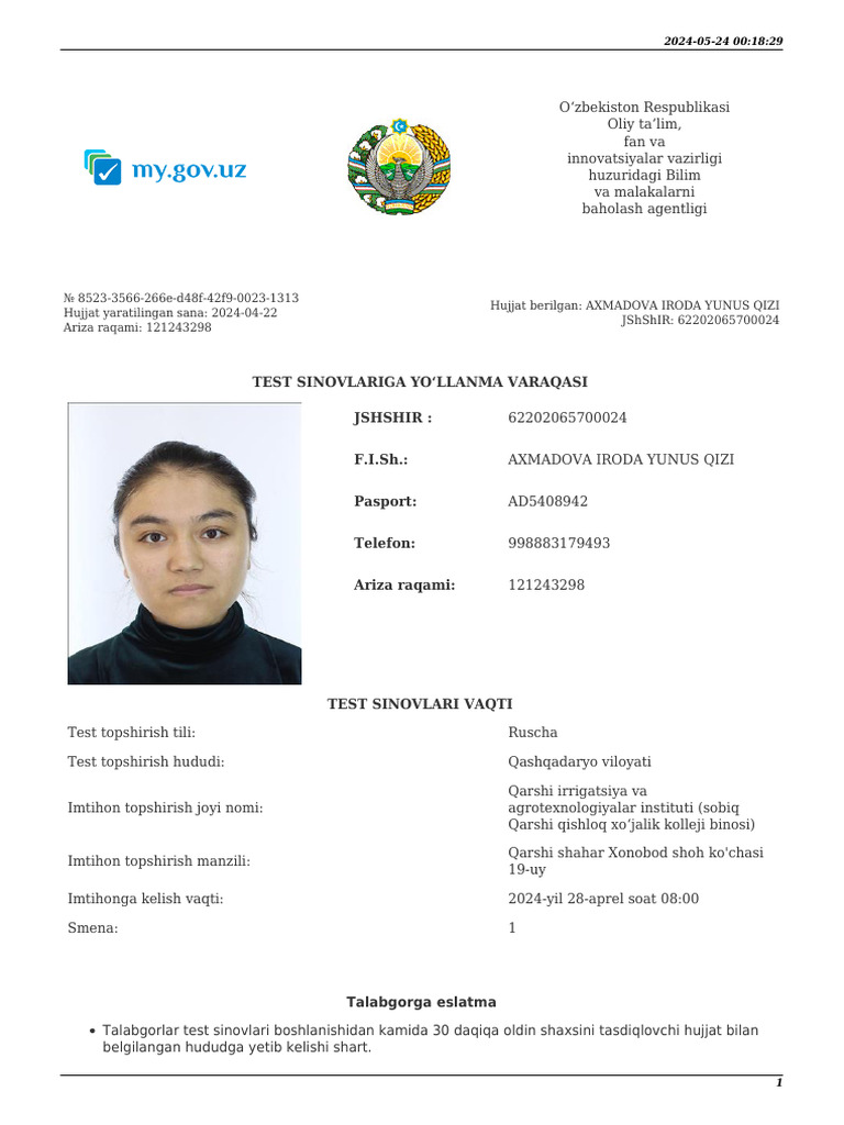 Test Sinovlariga Yo Llanma Varaqasi Jshshir: F.I.Sh.: Pasport: Telefon ...