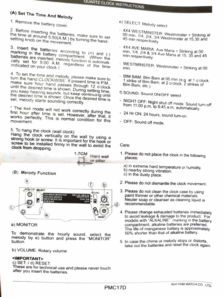 Pendulum Wall Clock Watch Instructions pmc17d | PDF | Clock
