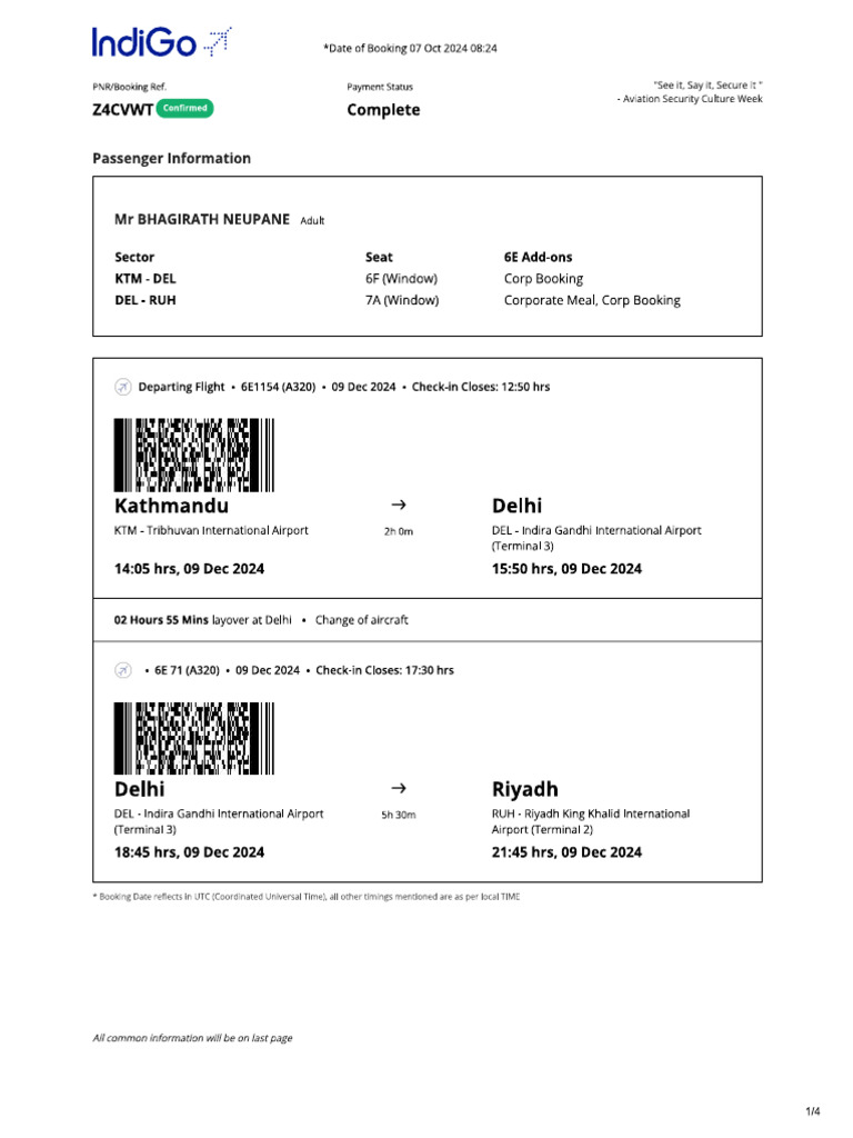 E-Ticket Indigo Airlines (MR Bhagirath) 09 Dec 2024 Kathmandu To Riyadh | PDF