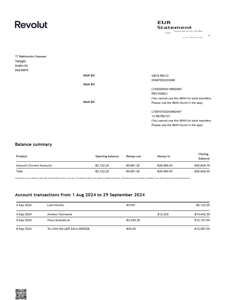 Sandra Revolut Statement 2024 | PDF | Service Industries | Money