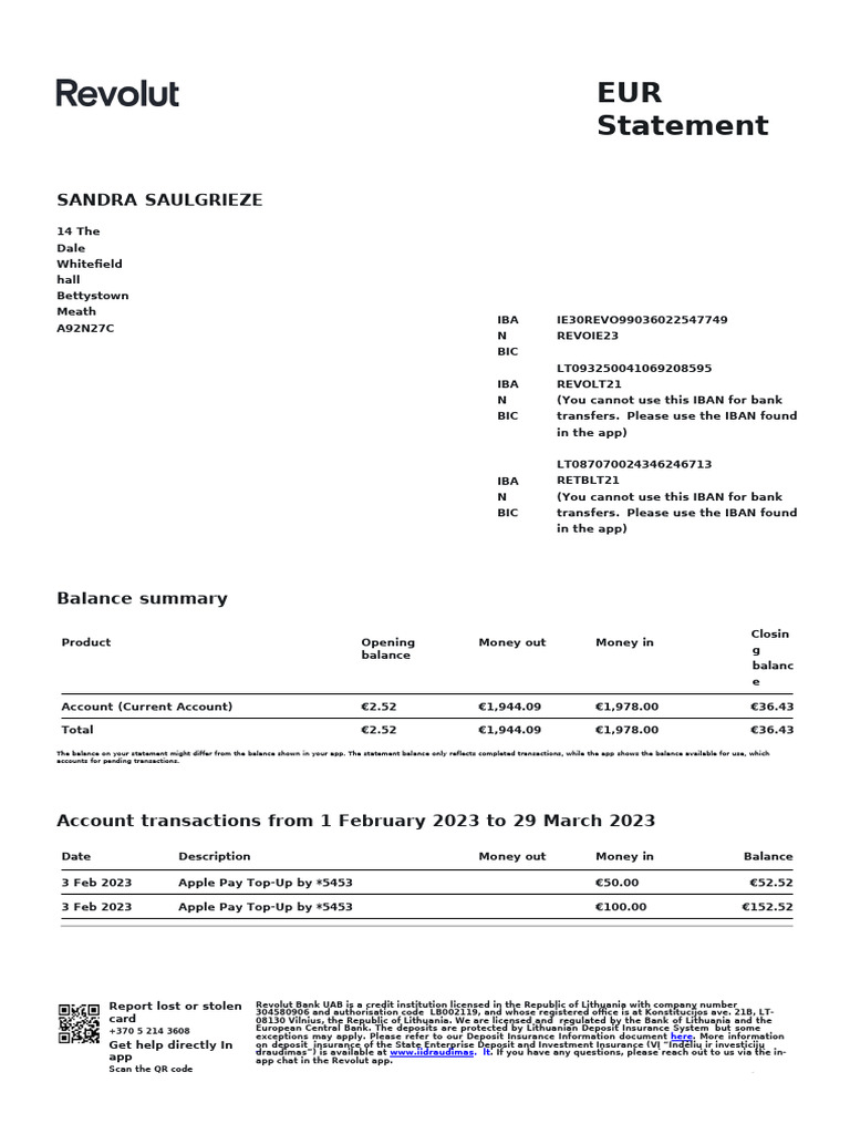 Sandra Revolut Statement Unlocked | PDF | Banks | Lithuania