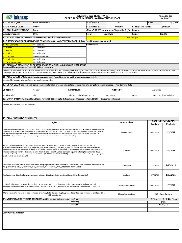 Nº 42 - RNC - Form - sgq-006 - Relatório Tratativa Oportunidade de ...