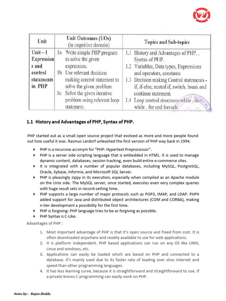 220245-MSBTE-22619-PHP(Unit 1) | PDF | Control Flow | Php