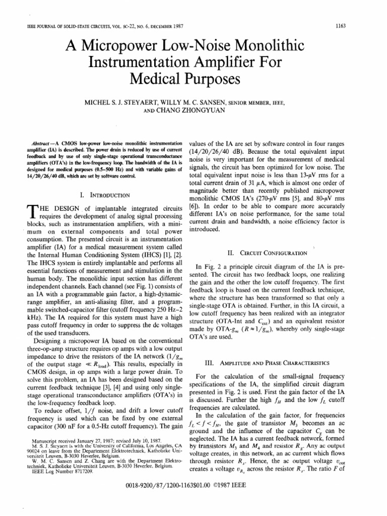 Steyaert和Sansen - 1987 - A micropower low-noise monolithic instrumentation amplifier for medical ...