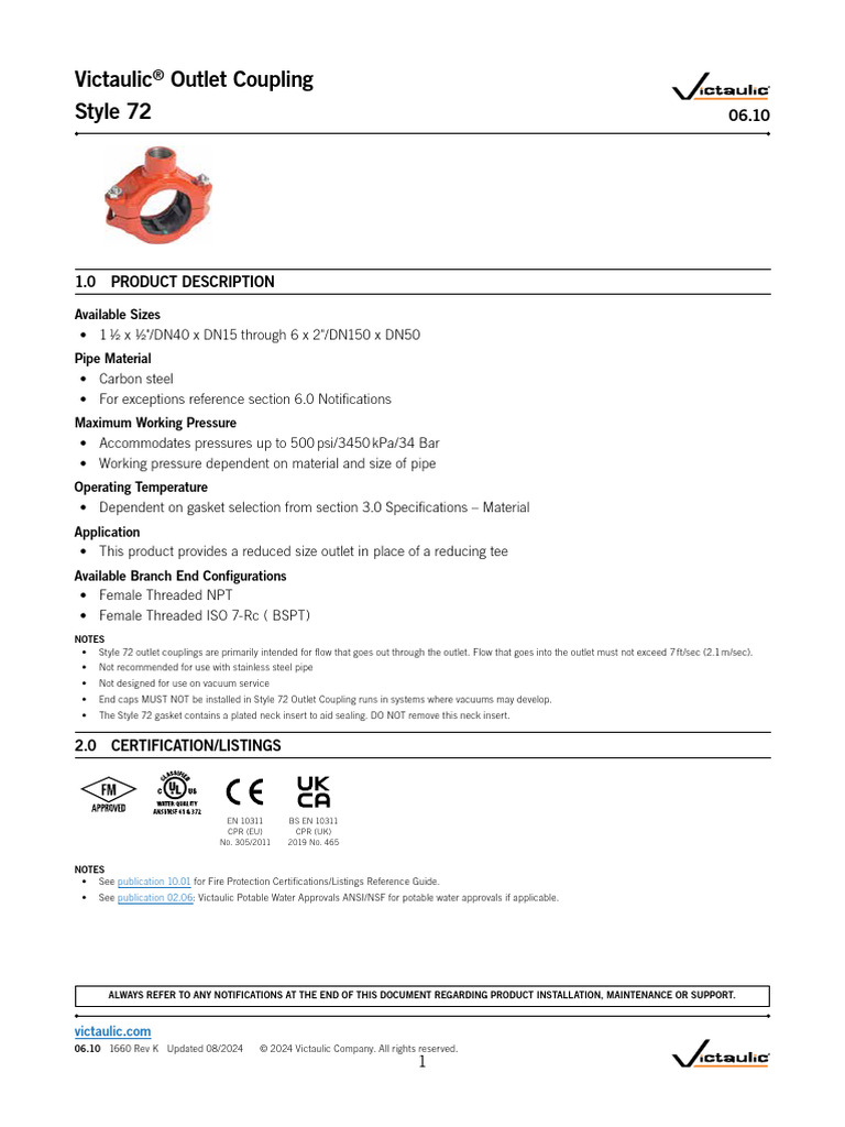 Victaulic Outlet Coupling Style 72: 1.0 Product Description | PDF ...