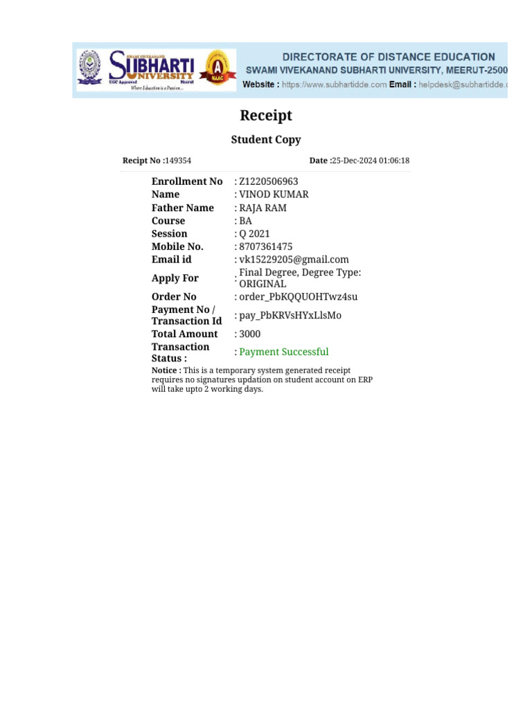 Receipt: Student | PDF