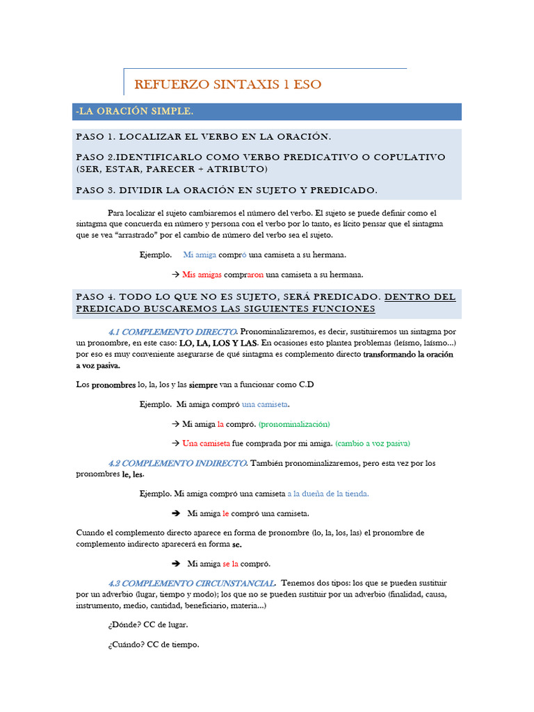Guía de Sintaxis para 1º ESO | PDF | Asunto (gramática) | Verbo