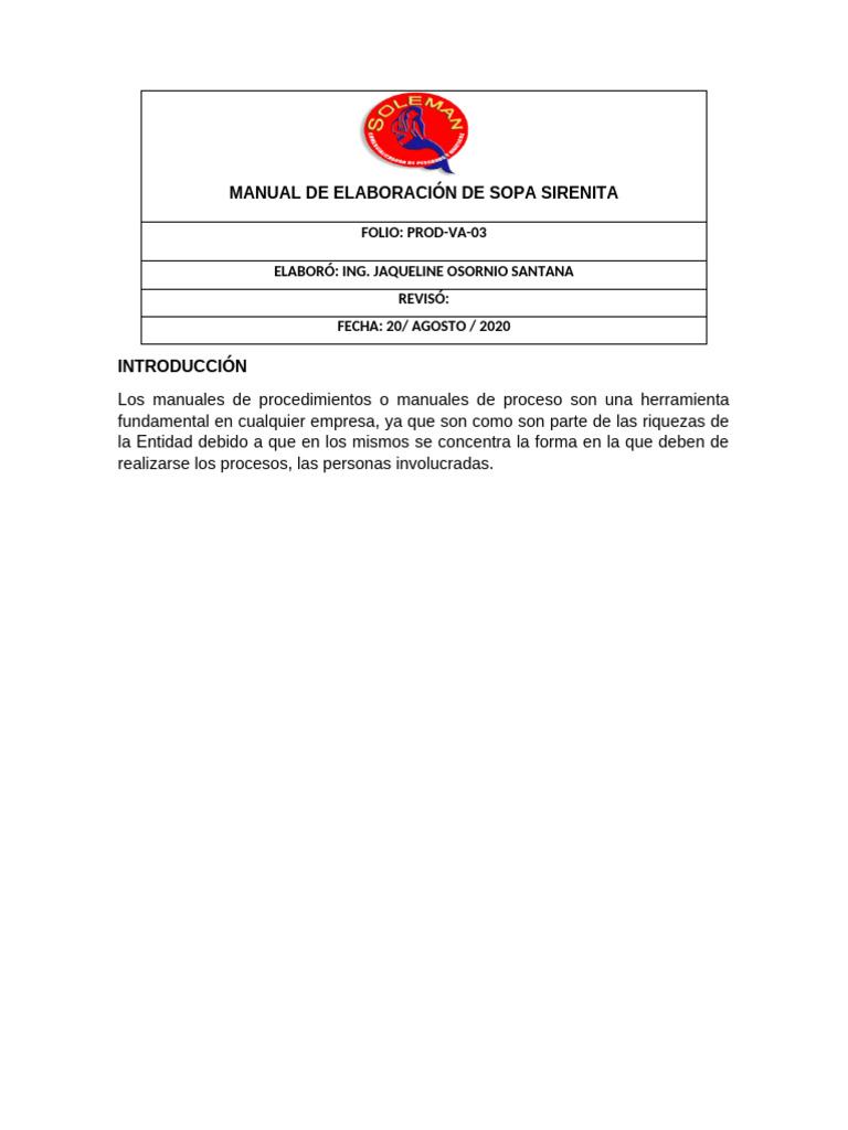 Manual de Elaboración de Sopa Sirenita | PDF