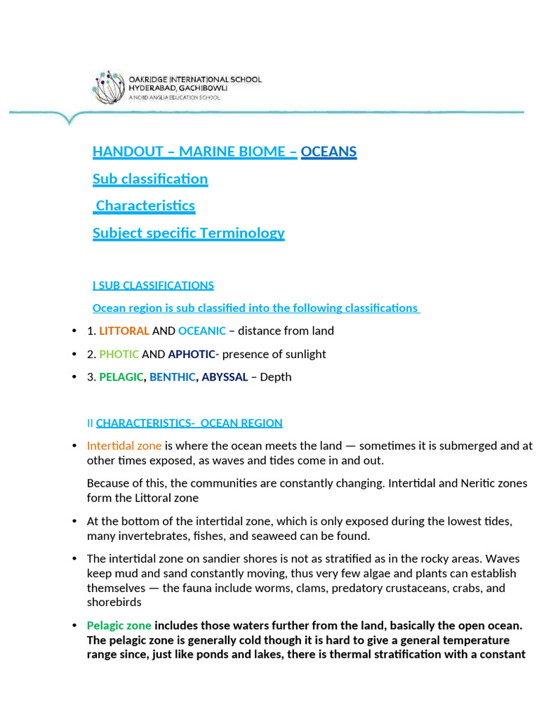 HANDOUT - Ocean - classifications and Definitions unit 2 year 4 | PDF ...