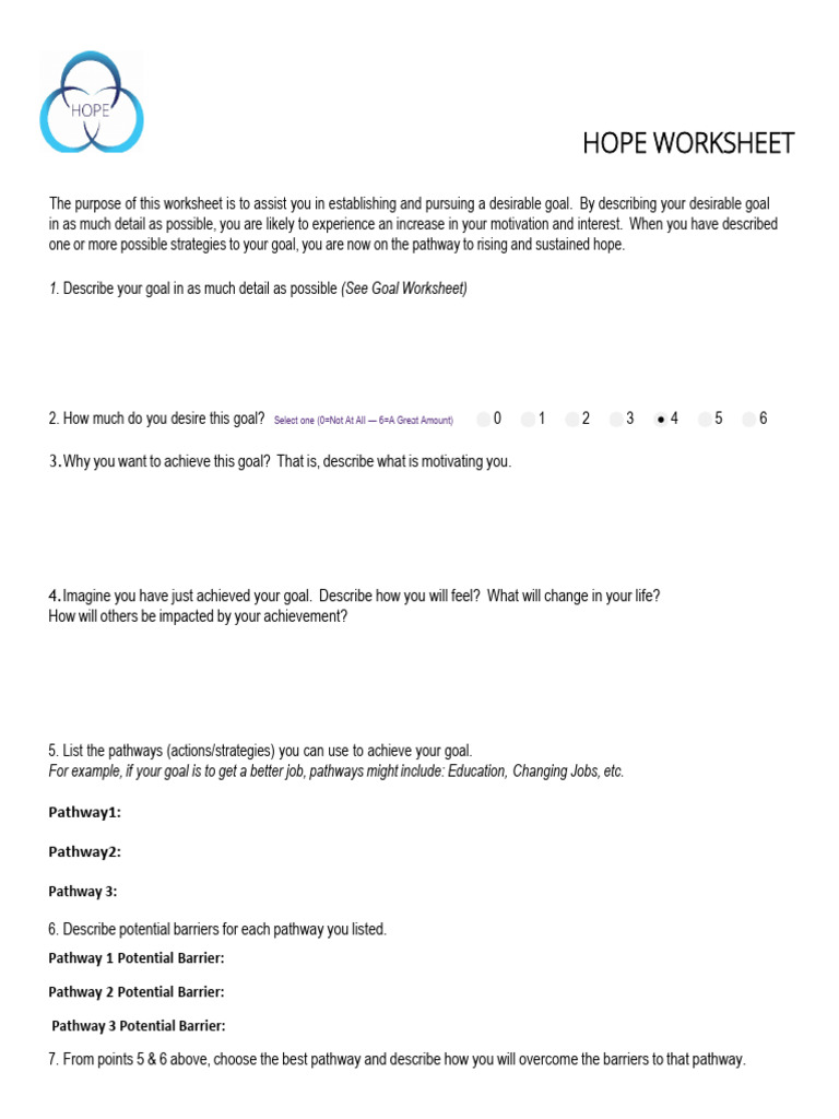Hope Worksheet Fillable | PDF | Goal | Psychological Concepts