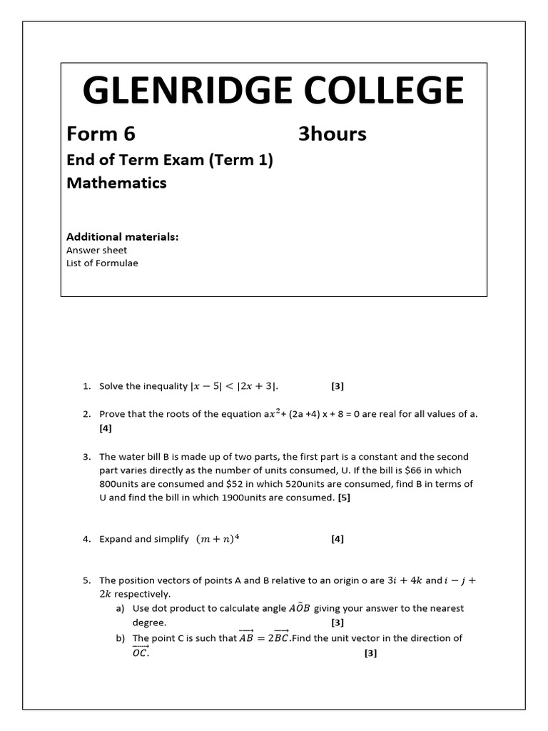 A'Level Mathematics Paper 1 | PDF | Mathematics