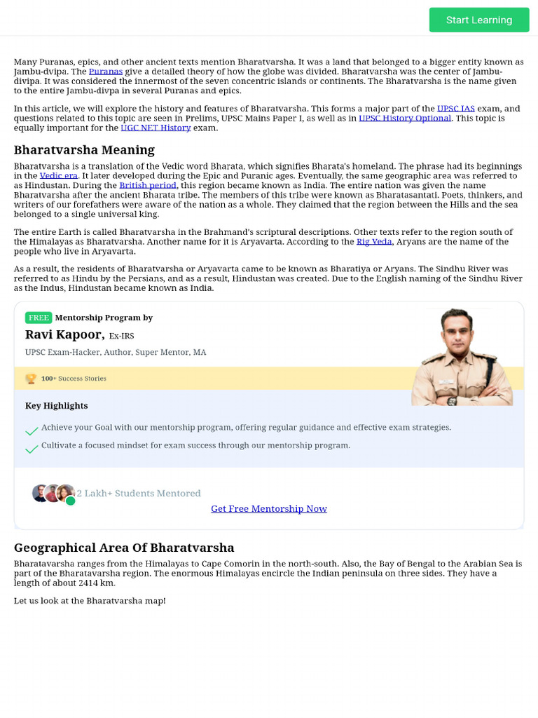 Bharatvarsha - Meaning, Map, Geographical Area, History and More! | PDF