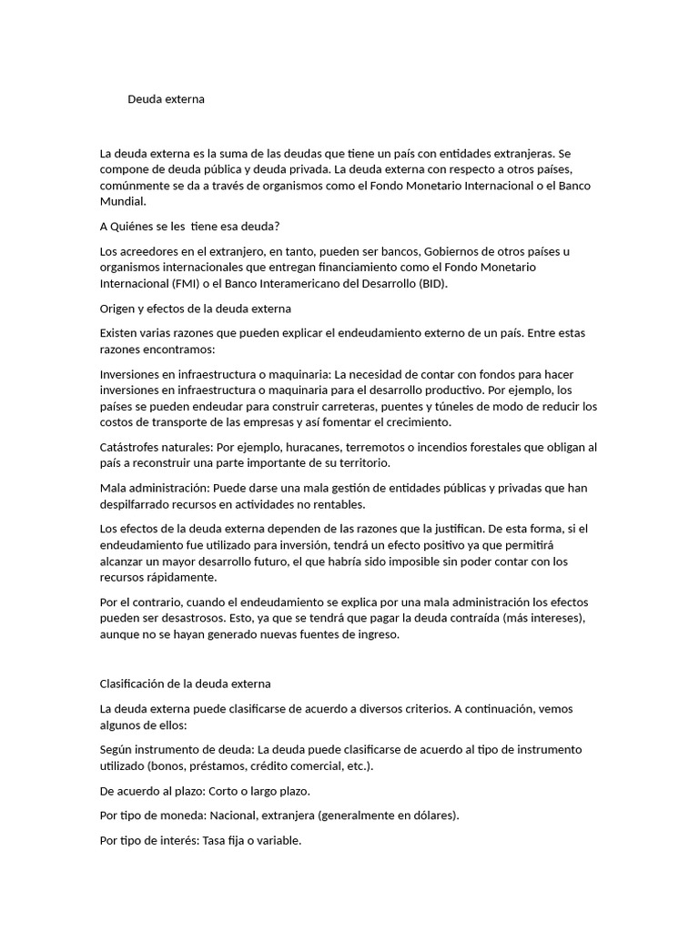 Tipos y efectos de la deuda externa | PDF | Deuda | Interés