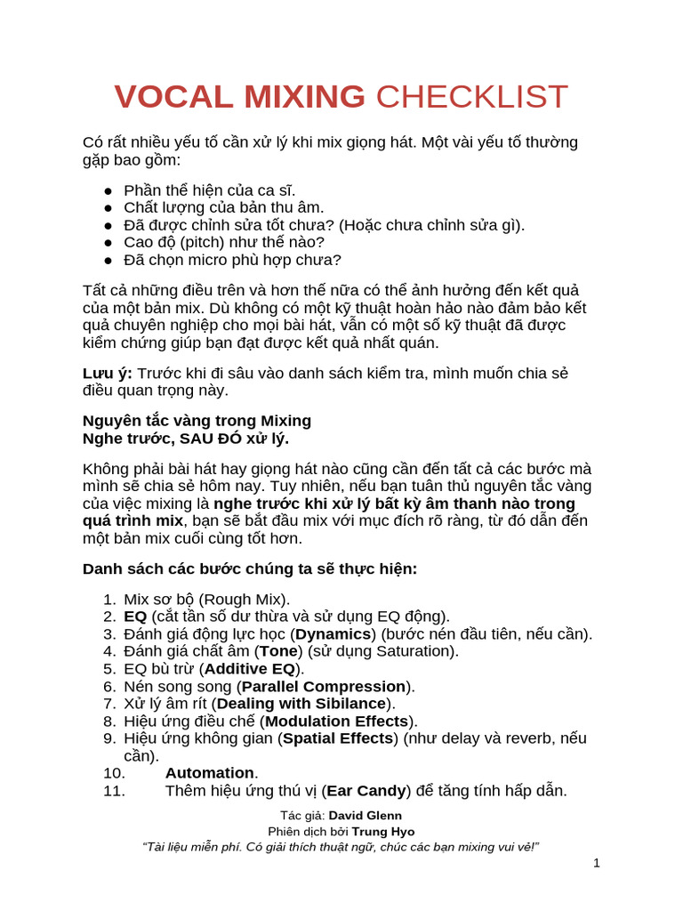 VOCAL MIXING CHECKLIST | PDF