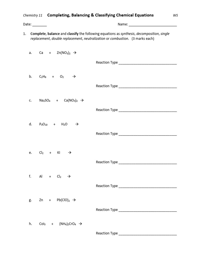 Completing, Balancing Classifying Chemical Equations | PDF | Chemical ...