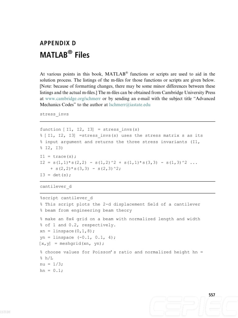 Appendix D MATLAB® Files | PDF | Stress (Mechanics) | Bending