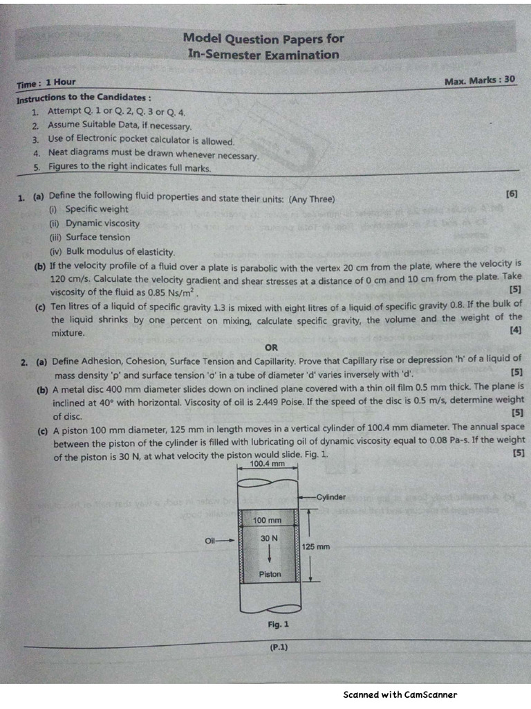 FLUID MECHANICS INSEM question paper | PDF