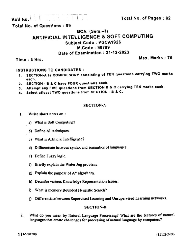 Mca 3 Sem Artificial Intelligence and Soft Computing 90799 Dec 2023[1] | PDF