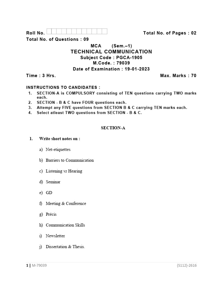 Mca 1 Sem Technical Communication 79039 Jan 2023 | PDF