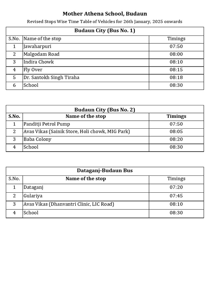 Bus Stops List Time Wise 2024-25 For Republic Day (26.01.2025) | PDF