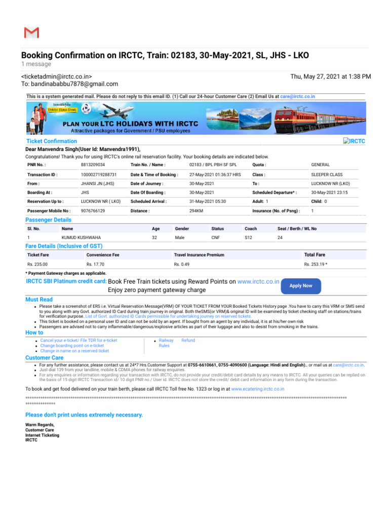 Kumud JHS - LKO Ticket | PDF | Banking Technology | Service Industries