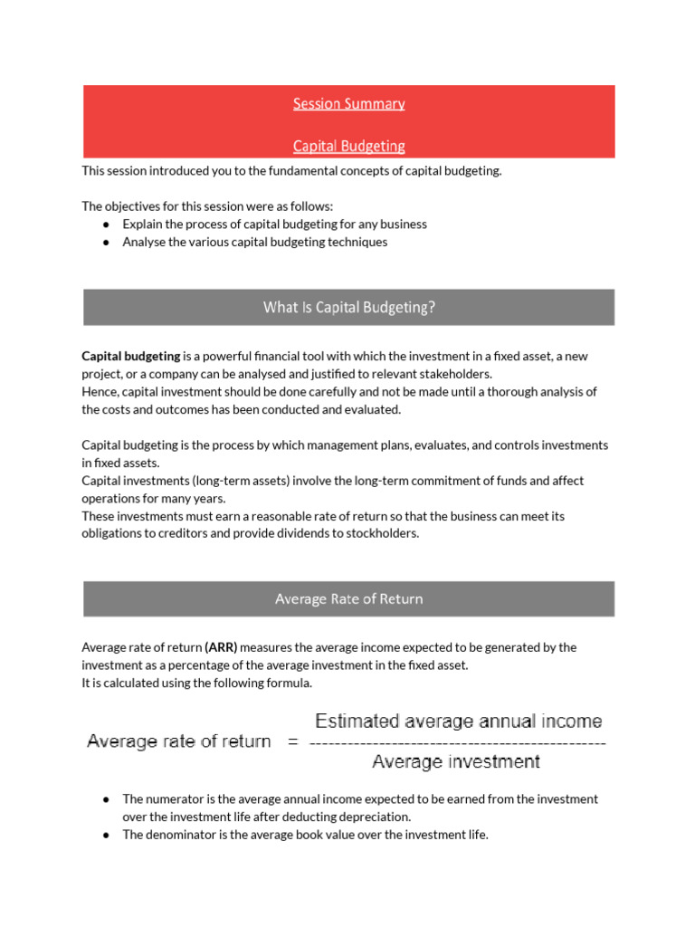 Summary+Doc+_+Capital+Budgeting | PDF | Net Present Value | Internal ...