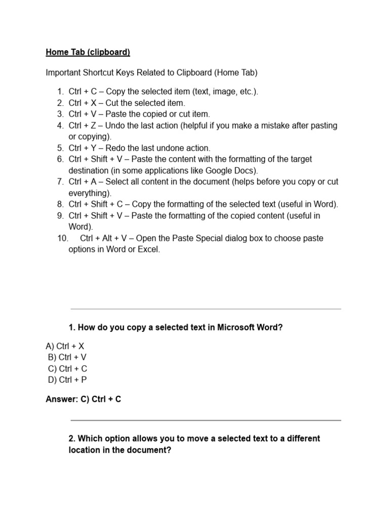 Essential MS Word Home Tab Shortcuts | PDF | Microsoft Word | Keyboard ...