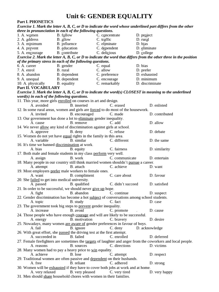 Gender Equality Phonetics and Vocabulary Exercises | PDF | Suffragette ...