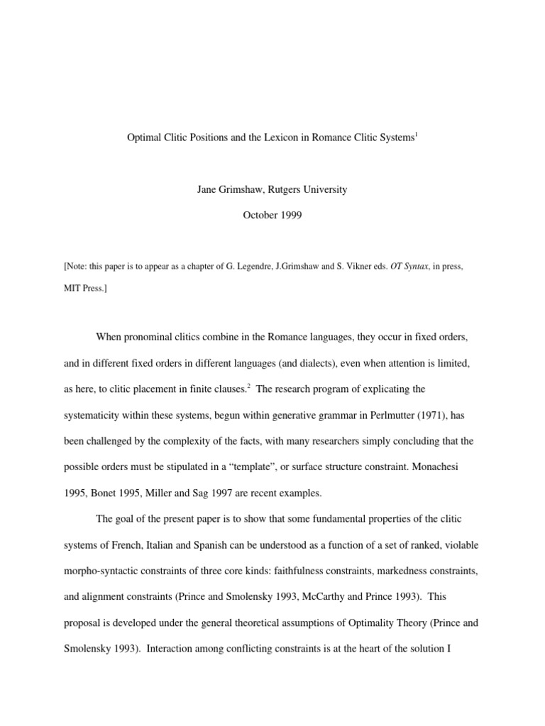 Optimal Clitic Positions and The Lexicon in Romance Clitic Systems ...