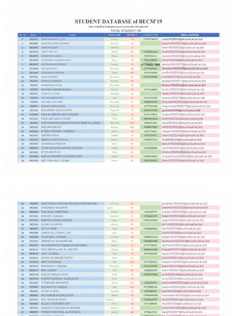 Students Database of Becm 19 | PDF