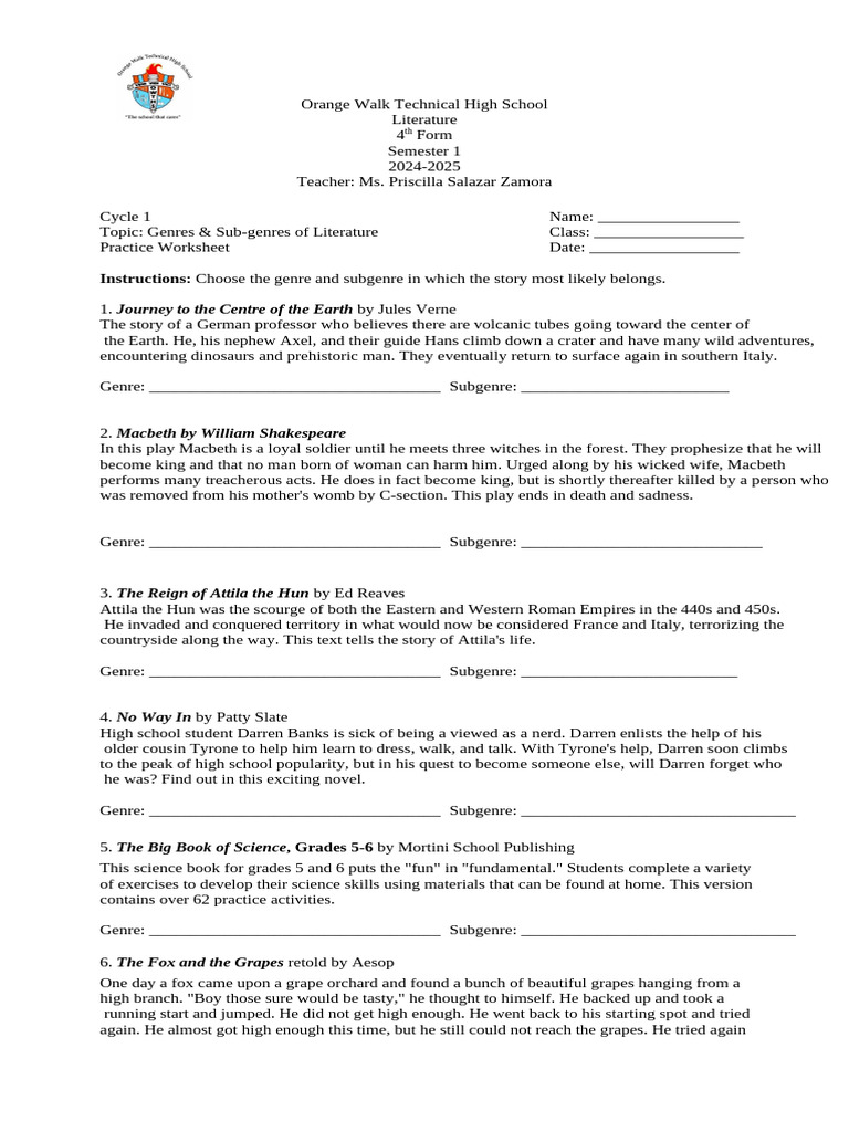 Literature Genres Practice Worksheet | PDF