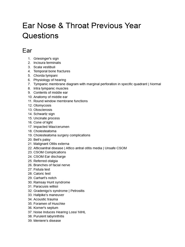 Ear Nose & Throat Previous Year Questions | PDF | Human Nose | Ear