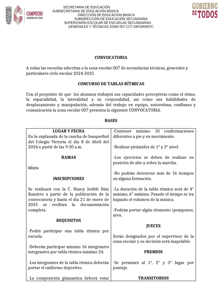 Convocatoria 2024-2025 Tabla Rítmica | PDF