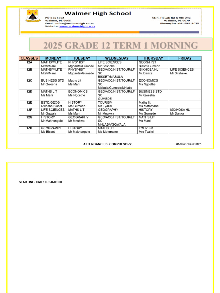Term 1 Morning Classes Grade 12 2025 - 115650 | PDF