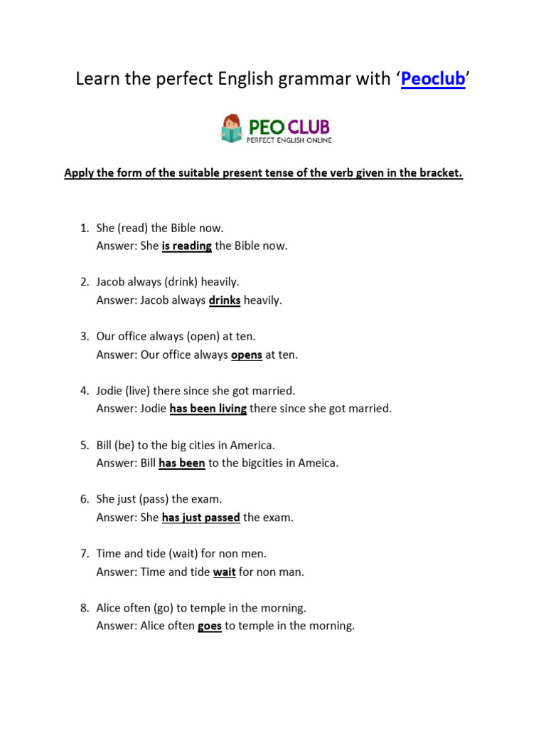 Present Tense Exercises With Answers Pdf