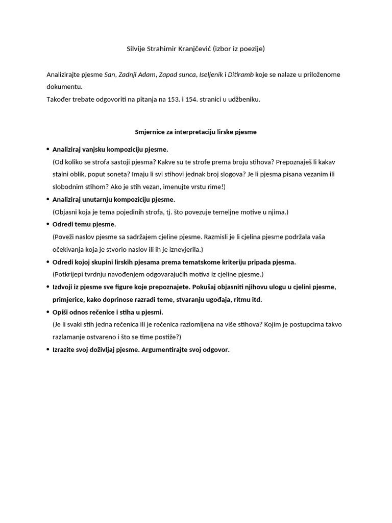 Kranjčević - Smjernice Za Lektiru | PDF