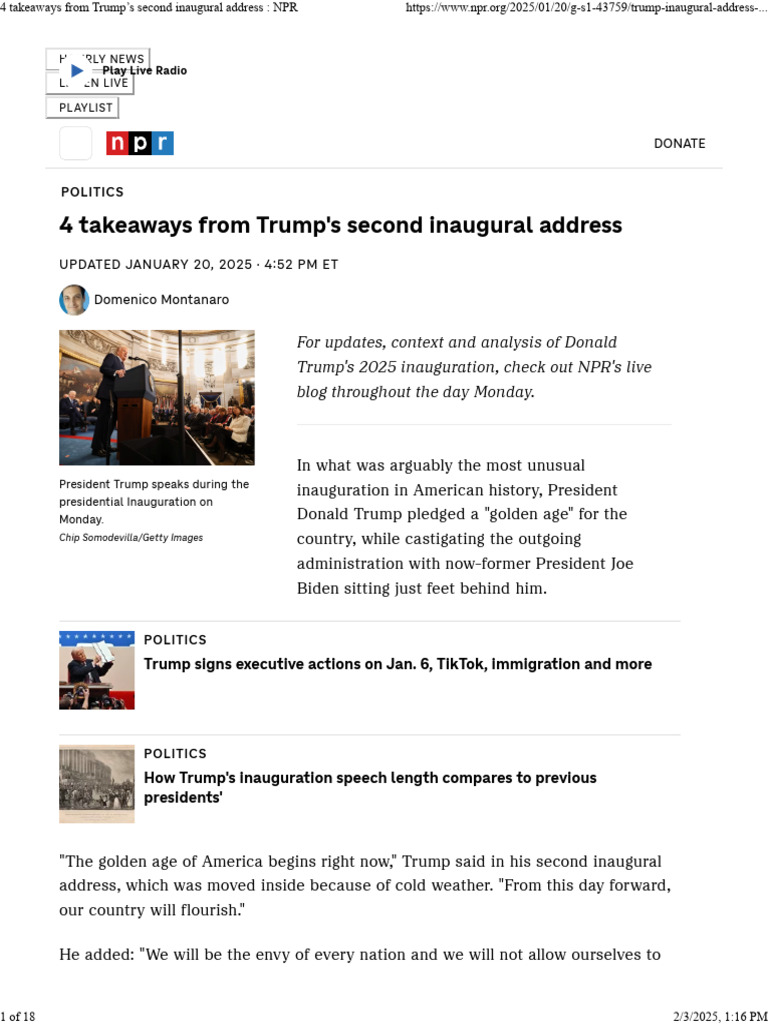 4 Takeaways From Trump's Second Inaugural Address - NPR | PDF | Donald ...