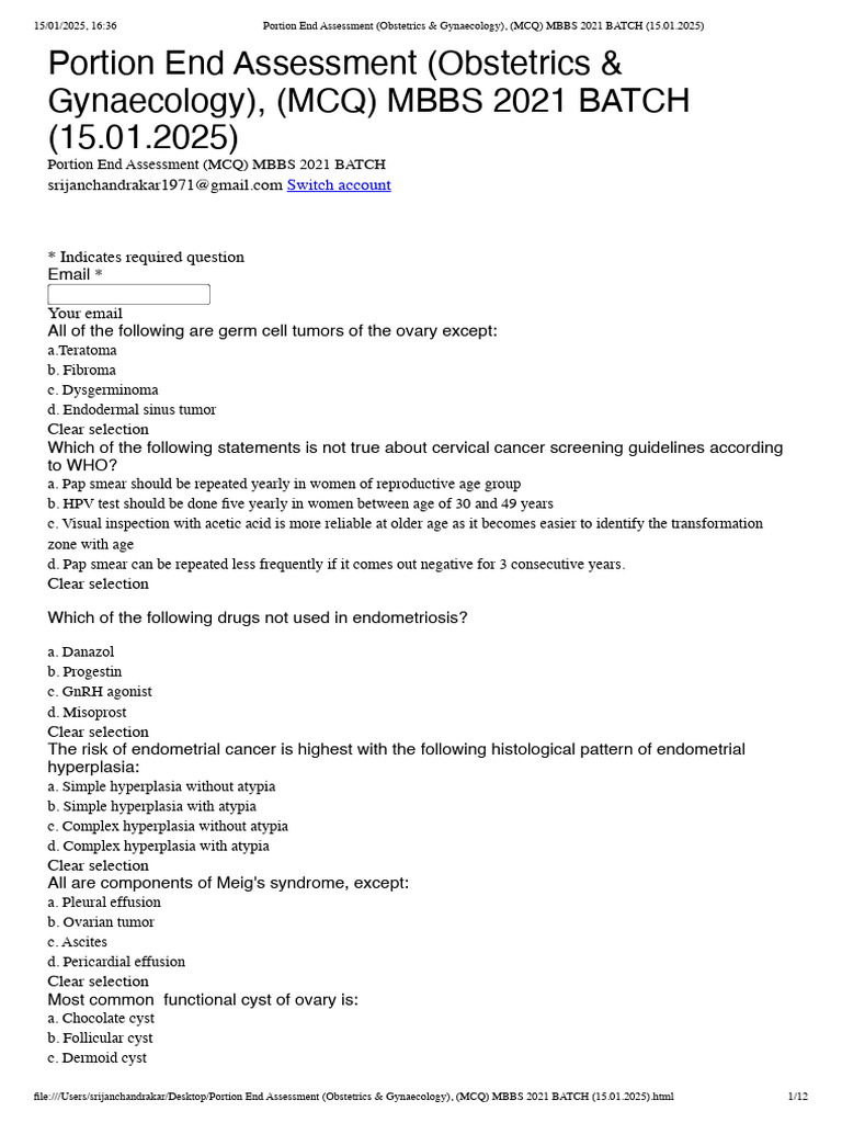 Portion End Assessment (Obstetrics & Gynaecology), (MCQ) MBBS 2021 BATCH (15.01.2025) | PDF ...