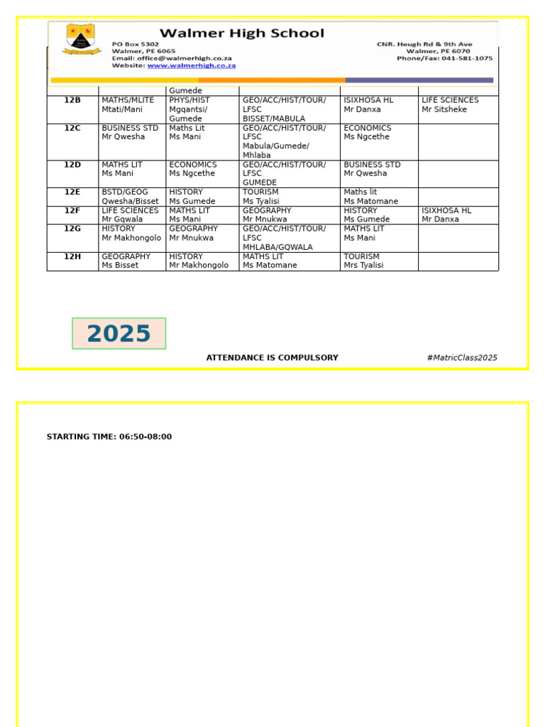Matric Class 2025 Weekly Schedule | PDF