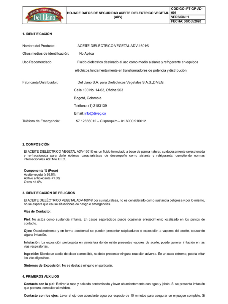 FDS Aceite Dieléctrico Vegetal 1 | PDF | Residuos | Petróleo