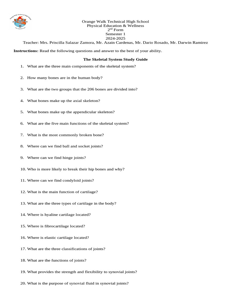 Skeletal System Study Guide for PE | PDF