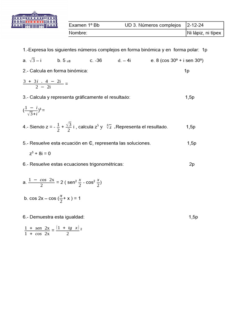 Examen Números Complejos y Trigonometría | PDF