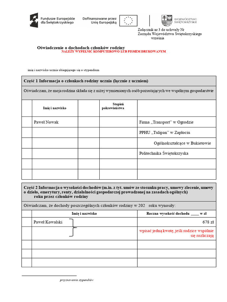 Zal. NR 3 - Oswiadczenie o Dochodach Czlonkow Rodziny - Licea Ogolnoksztalcace 2024 - Przyklad ...