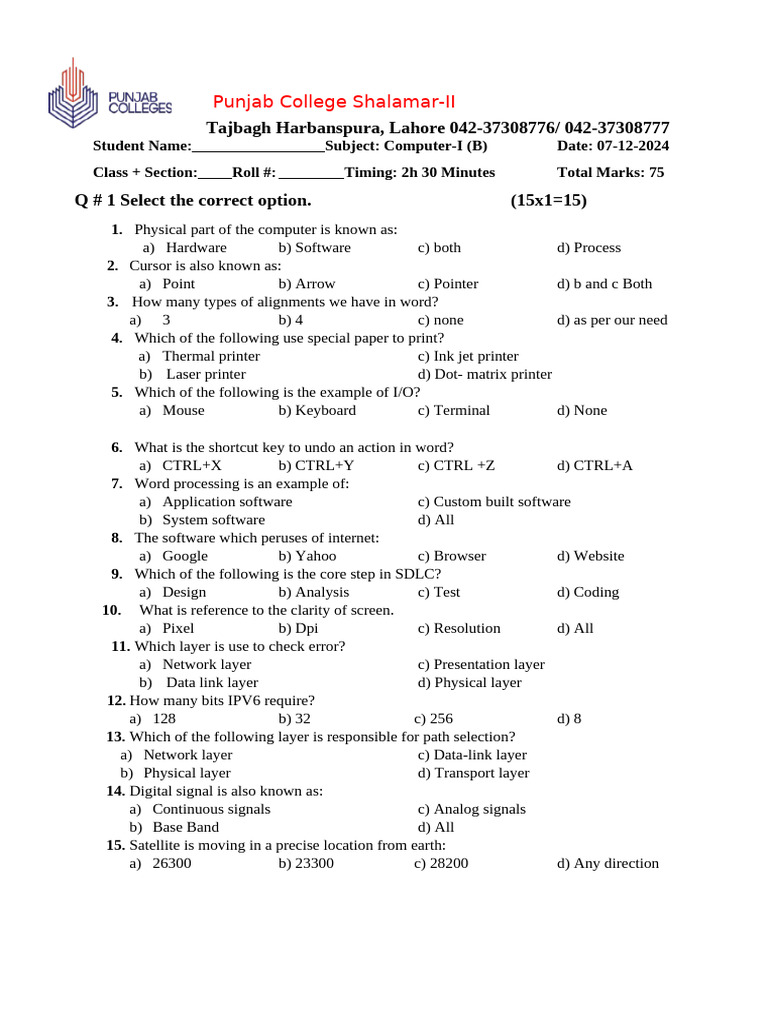 1st Year Paper Computer Sendup (Part-B) | PDF | Byte | Printer (Computing)