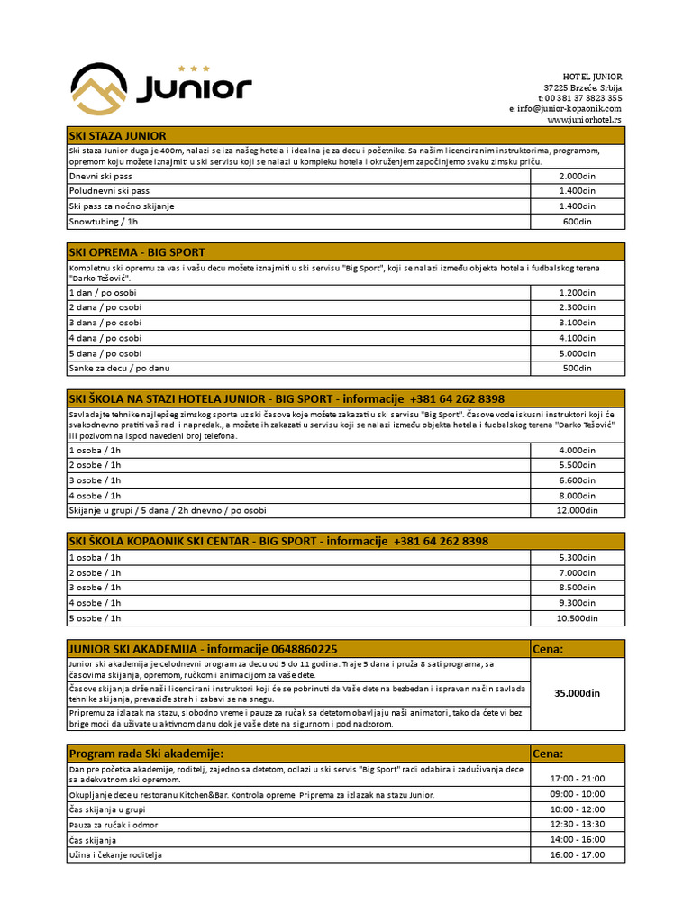 Cenovnik Zimskih Aktivnosti 2025 | PDF