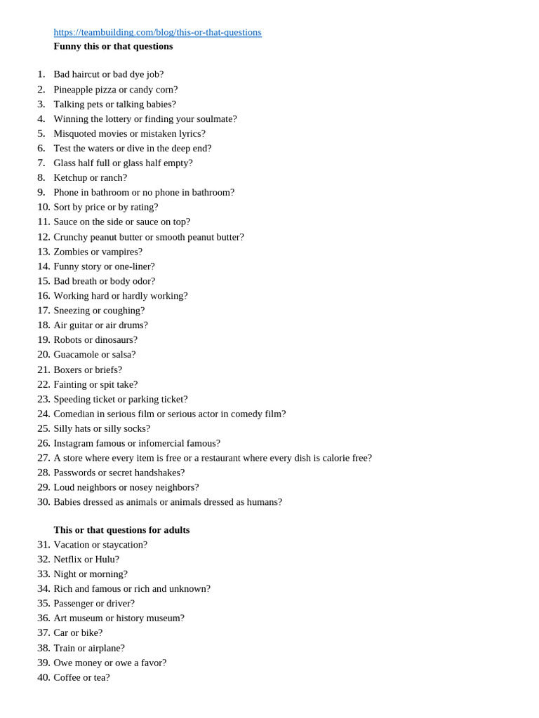 This or That Questions Guide | PDF